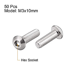 uxcell M3x10mm Machine Screws Hex Socket Round Head Screw 304 Stainless Steel Fasteners Bolts 50pcs
