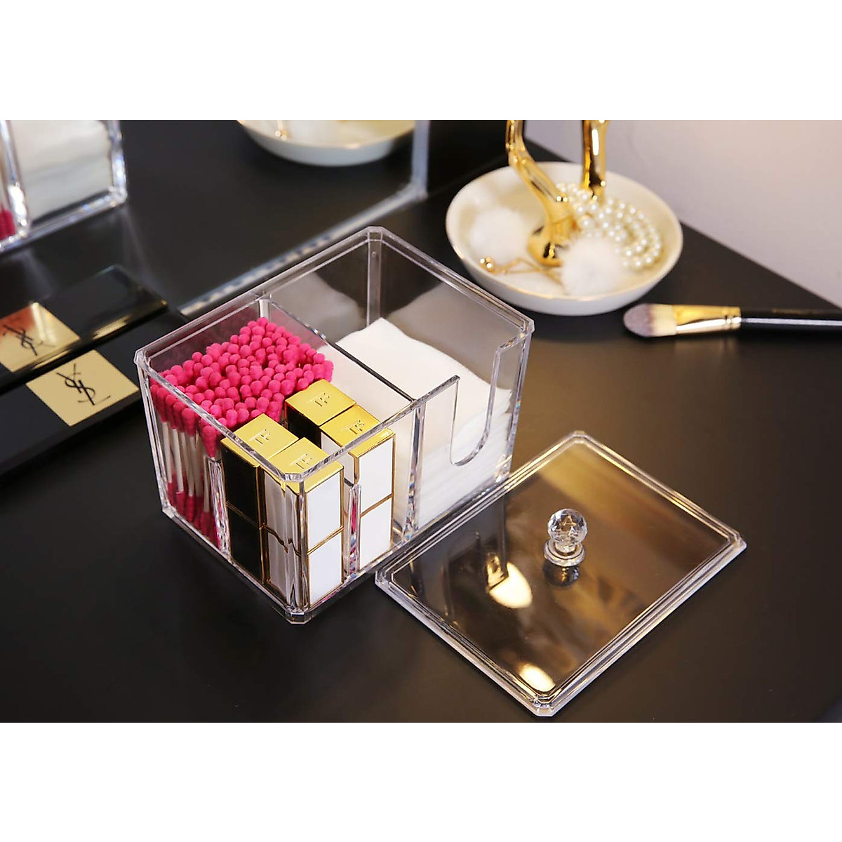 MOOCHI Q-Tips Cotton Swab Holder Makeup Pads Sponge Lipstick Container with Lid Acrylic 2 Trays Bathroom Bedroom Organizer