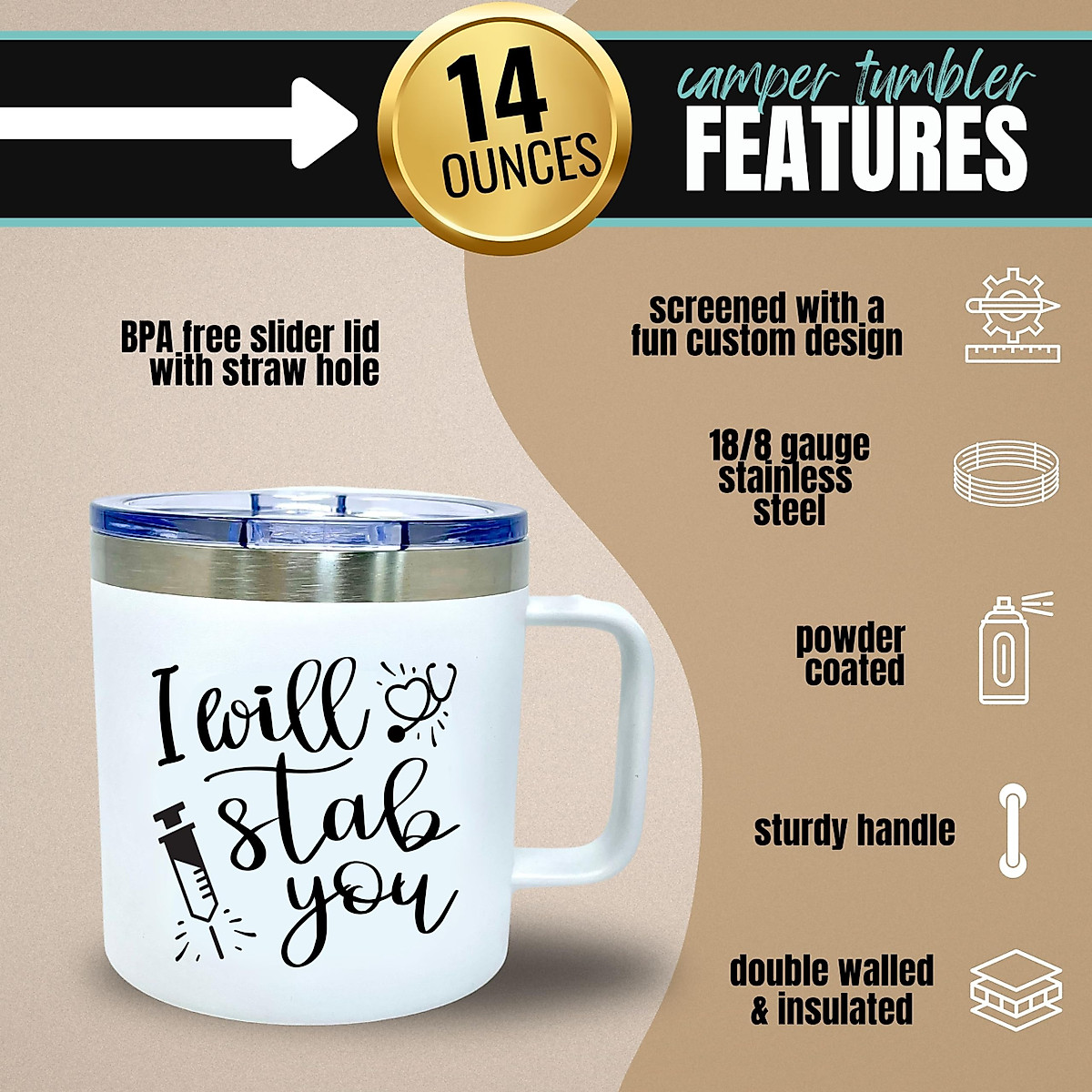 I Will Stab You Coffee Mug Tumbler - Funny Nurse Gift for Medical Assistant, LPN, RN, CNA, Nursing Student Graduate, Nursing School Graduation, Doctors, Nurse Practitioner, ER Nurses