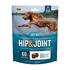 VetIQ Hip & Joint Supplement for Dogs, Anti Inflammatory Joint Support, Glucosamine, MSM, and Krill, Chicken Flavored Soft Chews, 60 Count