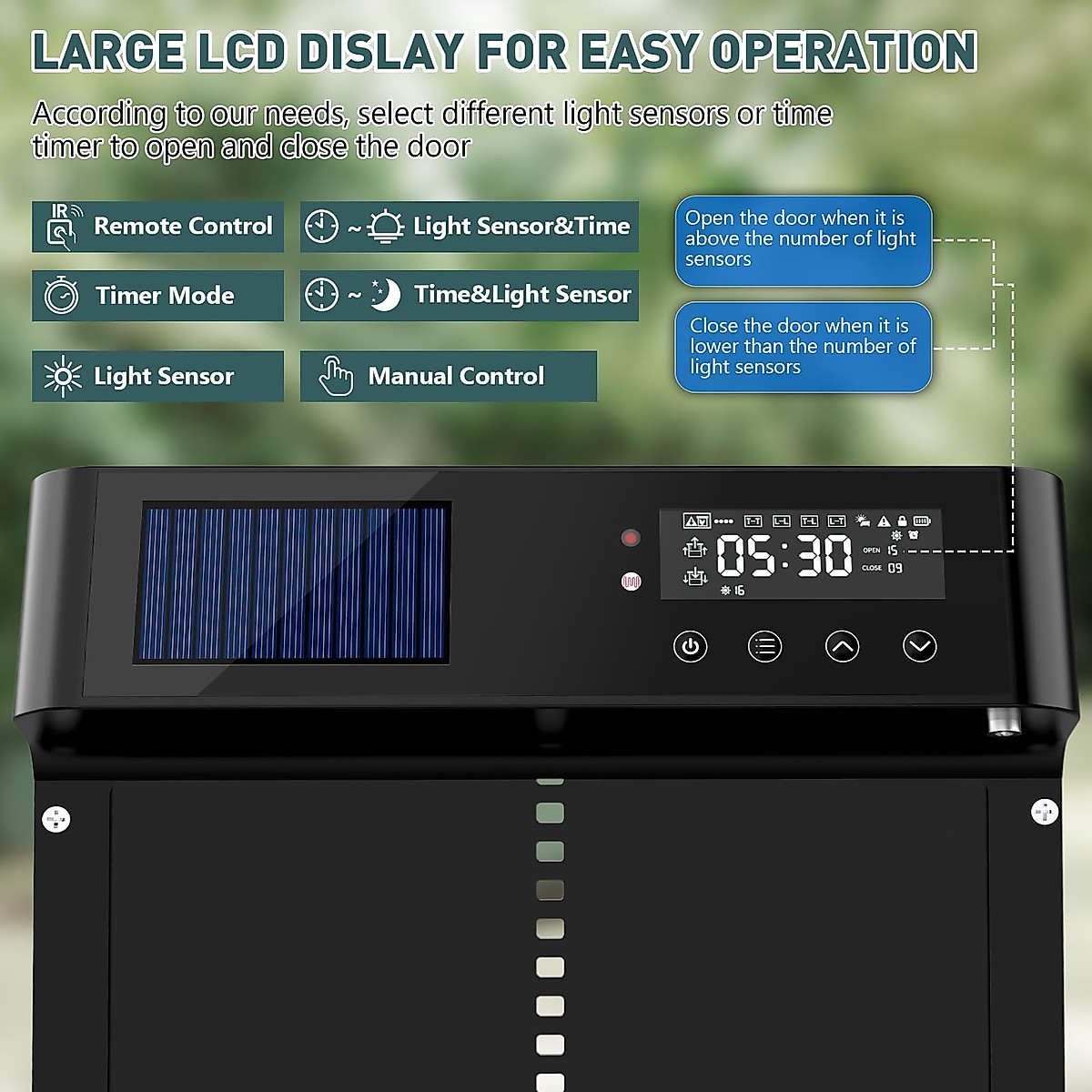 Profey Solar Powered Automatic Chicken Coop Door, LCD Display, 4 Modes, Waterproof, Aluminum Alloy, Remote Control, AA Battery Operated, 9.2x10.7x9.2 inches