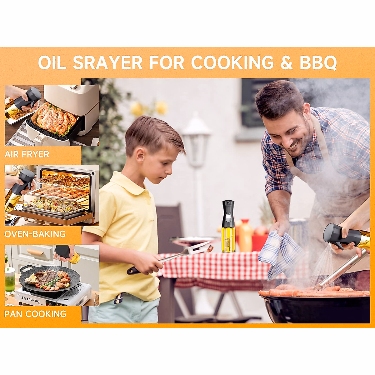 Oil Sprayer for Cooking,220ML Glass Olive Oil Sprayer Mister,Kitchen Gadgets Accessories,Continuous Spray with Control,Save Oil,Widely Used for Salad Making, Baking, Frying, BBQ, Roasting,Black