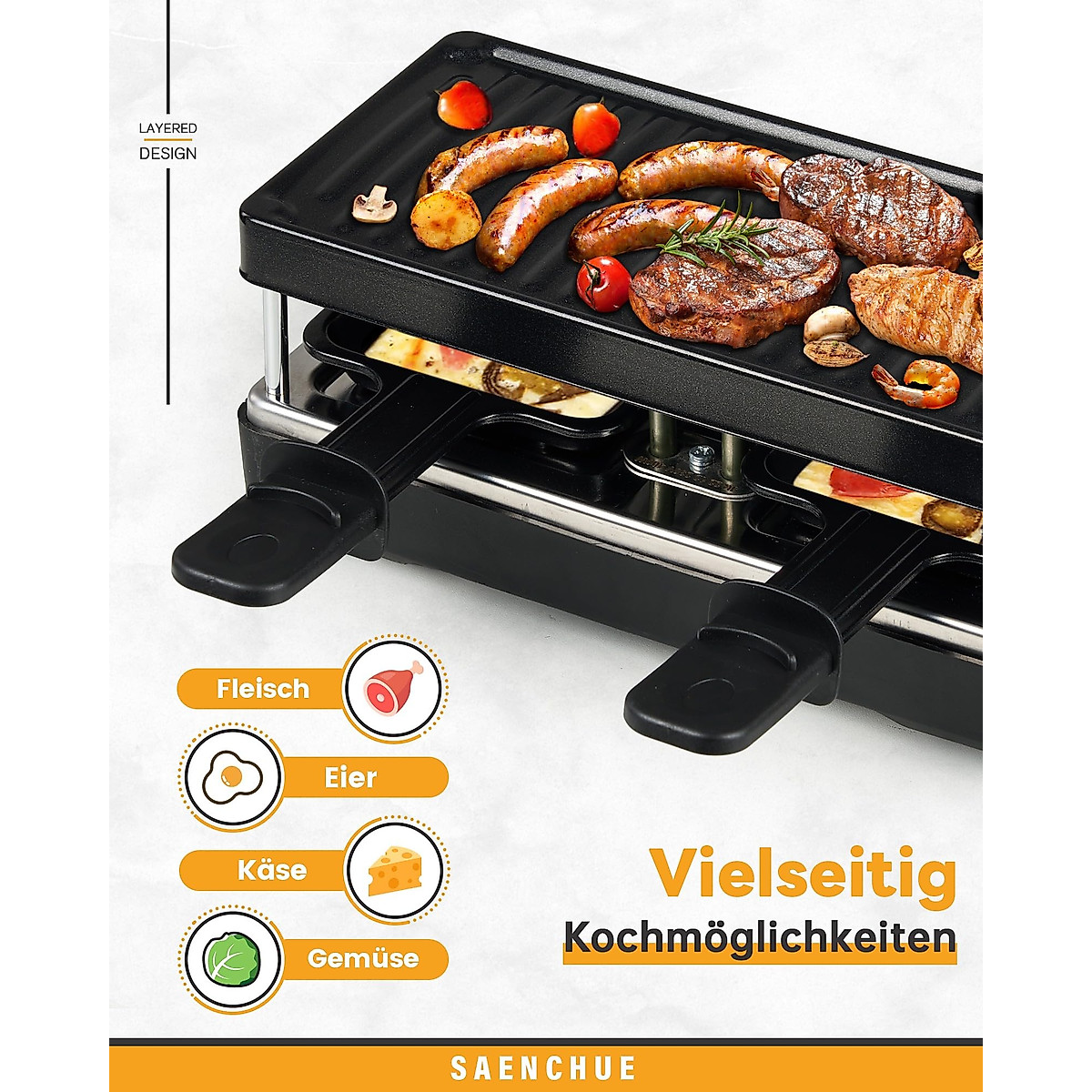 Saenchue 2-Person Raclette Table Grill - Indoor Non-stick Electric Grill Griddle - Series Connection Contact Grill up to 4 Grills, 2 Paddles Included, 2 Packs, BC-02