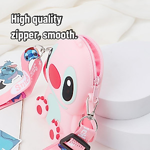 Cartoon Stitch Crossbody bag with Adjustable Shoulder Strap,Stitch 50s Sticker Set,Badge Wallet with Lanyard,Handbag with Zipper,Coin Money Pouch Bag (stitch-pink)