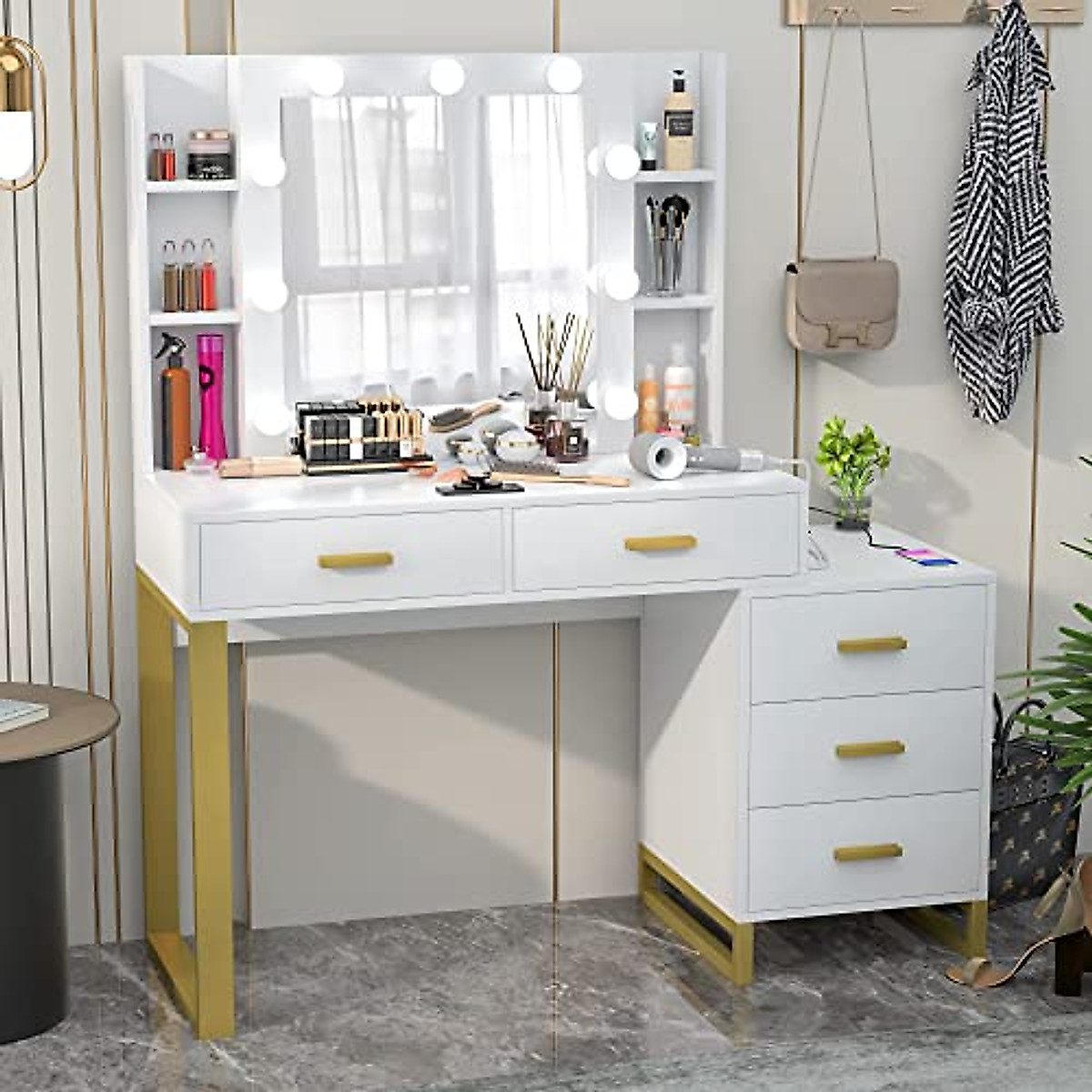 PAKASEPT Vanity Makeup Desk with Lights and Charging Station, Dressing Table Vanity Desk with Mirror and Lights,Storage Shelves, Drawers for Bedroom,White