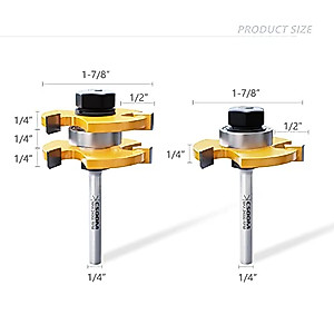CSOOM 2-Piece Tongue and Groove Router Bit Set with 1/4 Inch Shank, 3 Teeth, and Adjustable T Shape - Ideal Woodworking Tool for Wood Milling and Cutting