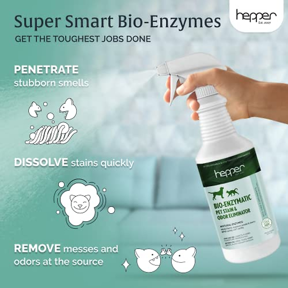 Hepper Advanced Bio-Enzyme Pet Stain & Odor Eliminator Spray - Smell, Stain & Urine Remover for Cats, Dogs & Other Animals - 32oz Spray Safe for the Home - For Use on Couches, Carpets, Litter Boxes, Beds, etc.