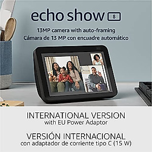 Echo Show 8 (2nd Gen, 2021 release) | International Version with EU Power Adaptor | HD smart display with Alexa and 13 MP camera | Charcoal