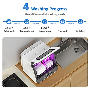 Wsky Countertop Dishwasher, 4 Washing Programs Portable Dishwasher,360° Dual Spray With Disinfection and Residual Temperature Drying Function 9-Liter External Water Tank for Home, Apartments& RVs