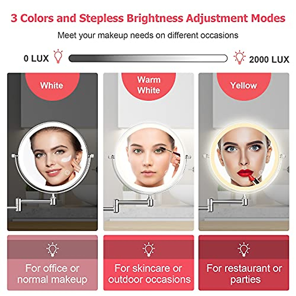 Rechargeable Lighted Wall Makeup Mirror, 2-Sided 1X 7X Magnifying, 8 Inch Lighted Wall Mount Mirror with Medical-Grade 3 Color Lights, Touch Screen Dimming, Extended Arm 360 Rotation (Chrome)