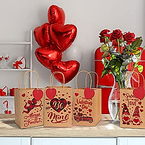 Whaline 24 Pack Valentine's Day Kraft Paper Gift Bags with Handle Red Black Buffalo Plaid Party Favor Bags with Tag and Cotton Rope for Gift Wrapping Wedding Anniversary Party Supplies, 4 Design