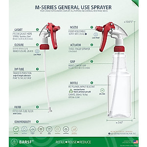 Bar5F Empty Plastic Spray Bottles 16 oz, BPA-Free Food Grade, Crystal Clear PETE1, Red/White M-Series Fully Adjustable Sprayer (Pack of 2)