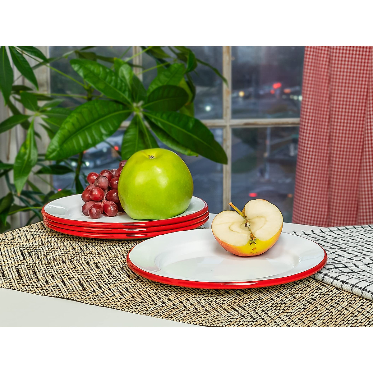 Red Co. Set of 4 Enamelware Metal Classic 8" Round Salad Plate, Solid White/Red Rim