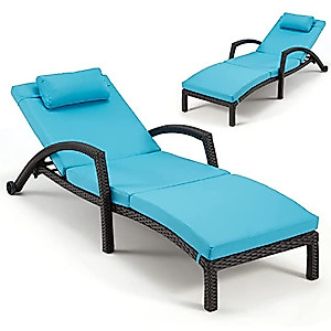 HOMREST Outside Chaise Lounge Chairs Set of 2, Adjustable 6 Position Outdoor PE Rattan Wicker Patio Pool Lounge Chair with Cushion, Arm, Pillow and Wheels for Poolside Backyard Deck Porch Garden