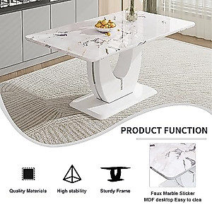 Pvillez 63" Marble Dining Table Set for 4, Modern 5 Piece Dining Set, White Faux Marble Imitation Kitchen Dining Room Table with U-Shaped Pedestal Base & 4 PU Leather Upholstered Dining Chairs