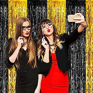 4 Pack Black Gold Foil Fringe Curtain Backdrop, 3.28Ft x 6.56Ft Metallic Tinsel Foil Fringe Streamers Curtains for Photo Booth, Wedding, Graduation, Birthday, Carnival Party Decoration