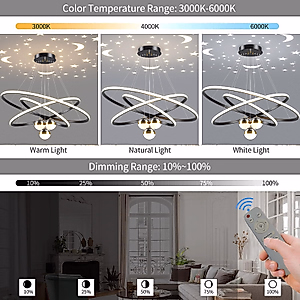 Modern LED Chandelier, 3 Rings Chandelier for Living Room with Remote Control , 3-Ball Dimmable chandelier with Mappable Lighting, High Ceiling Hanging Restaurant LED Chandelier for Dining Room