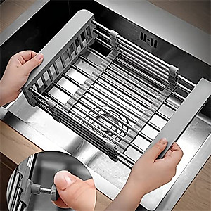 Stainless Steel Telescopic Drain Basket, Adjustable Dish Drying Rack Sink Strainer Drain Kitchen Basket for Dish Vegetable Fruit(8.66x11.41x3.14in)