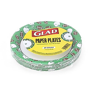 Glad Everyday Round Disposable Paper Plates with Football Design, Small | Cut-Resistant, Microwavable Paper Plates for All Foods & Daily Use | 7 Inches, Green, 30 Count