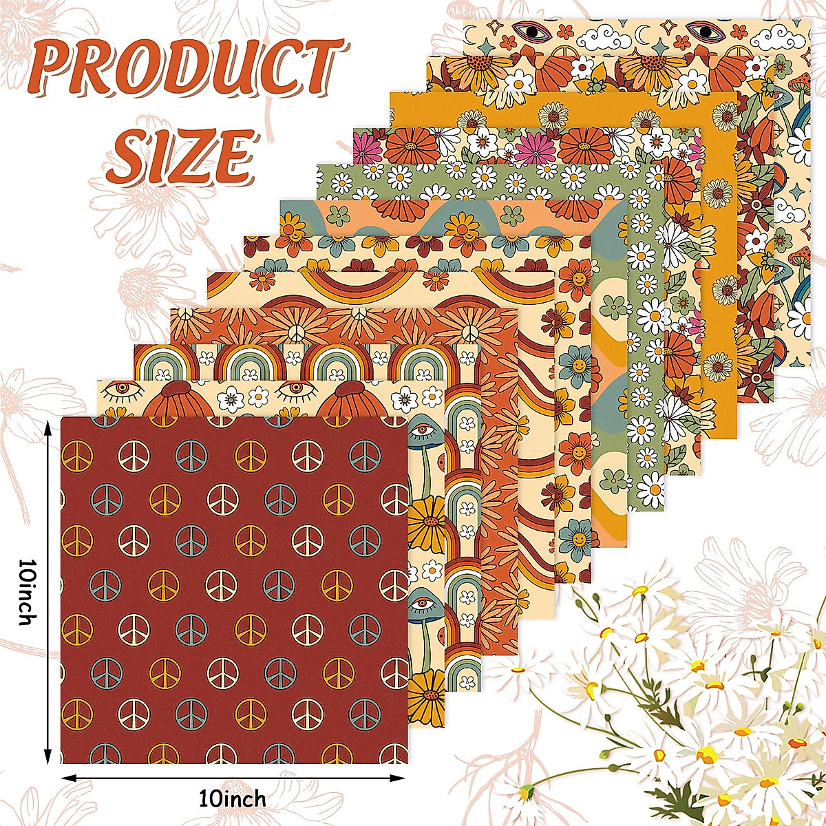 Whaline 12Pcs Retro Floral Cotton Fabric Bundles 10 x 10 Inch Hippie Groovy Boho Rainbow Printed Fat Quarters Boho Quilting Patchwork for DIY Handmade Crafting Home Party Decor