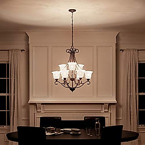 Kichler Camerena 34.5" Two Tier Chandelier in Olde Bronze®, 9-Light Traditional Dining Room Chandelier with White Scavo with Light Umber Inside Tint, (30" W x 34.5" H), 43226OZ