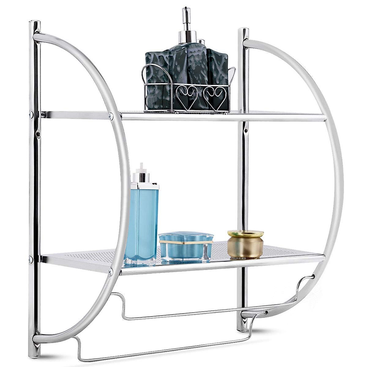 Tangkula Bathroom Shelf, 2 Tier Wall Mounted Bathroom Shelves with Bars, Double Layer Ventilate Racks, Rustproof Chrome Over Toilet Wall Shelf, Bathroom Organizer for Kitchen, Living Room