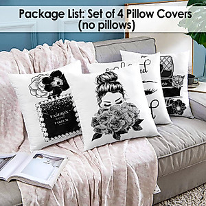 HSINYA Set of 4 18x18 Couch Bed Decorative Pillow Covers Black White Throw Pillow Covers Fashion Girls Bling Perfume Eyelashes High Heels Sayings Gray Flowers Cute Accent Pillow Covers (Black White)