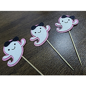 Ghost Cupcake Toppers Pink Glitter, Halloween Ghost Baby Shower Cupcake Toppers Ghost Food Cupcake Picks for Pink Halloween Baby Shower Birthday Party Cake Supplies - 24Pcs
