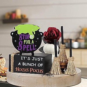 DAZONGE Hocus Pocus Halloween Decorations, 1 Set of Halloween Faux Book Stack, 1 Witches Cauldron Sign & 3 Witch Brooms for Halloween Tiered Tray Decor, Trick or Treat Decor