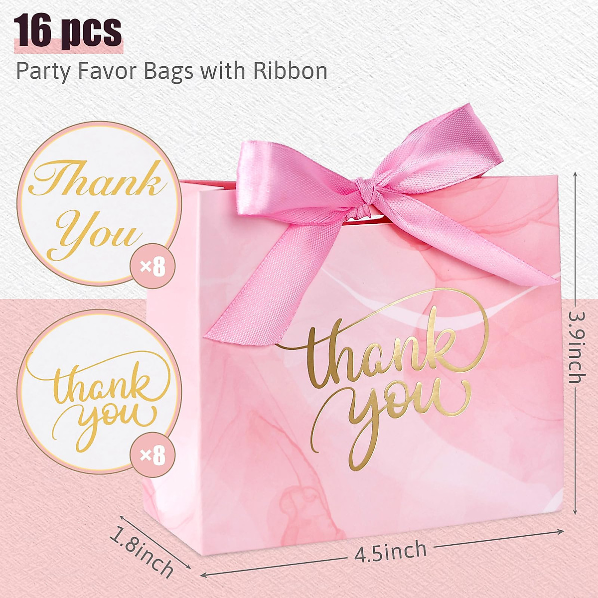 Shindel 16PCS Small Thank You Gift Bags, Mini Party FavoR Bags Pink Candy Bags Treat Boxes Paper Gift Bags with Bow Ribbon for Wedding Bridal Baby Shower Birthday Party