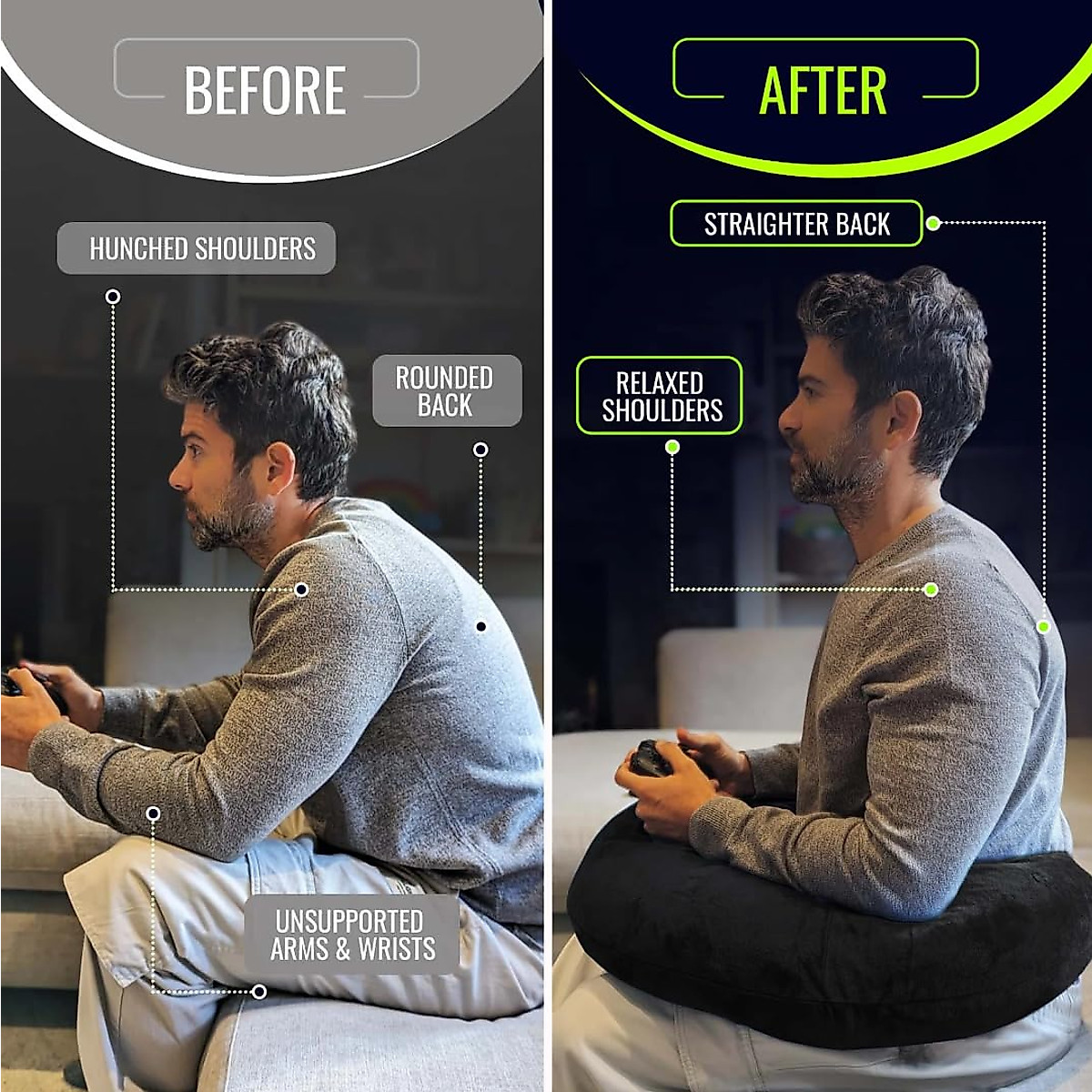 Rare Gaming Pillow | Ergonomic Gaming Lap Pillow Provides Wrist & Elbow Support, Reduces Shoulder & Neck Pressure | Plush Arm Rest Pillow with a Washable Cover & Easy-Storage Clip, (Black)