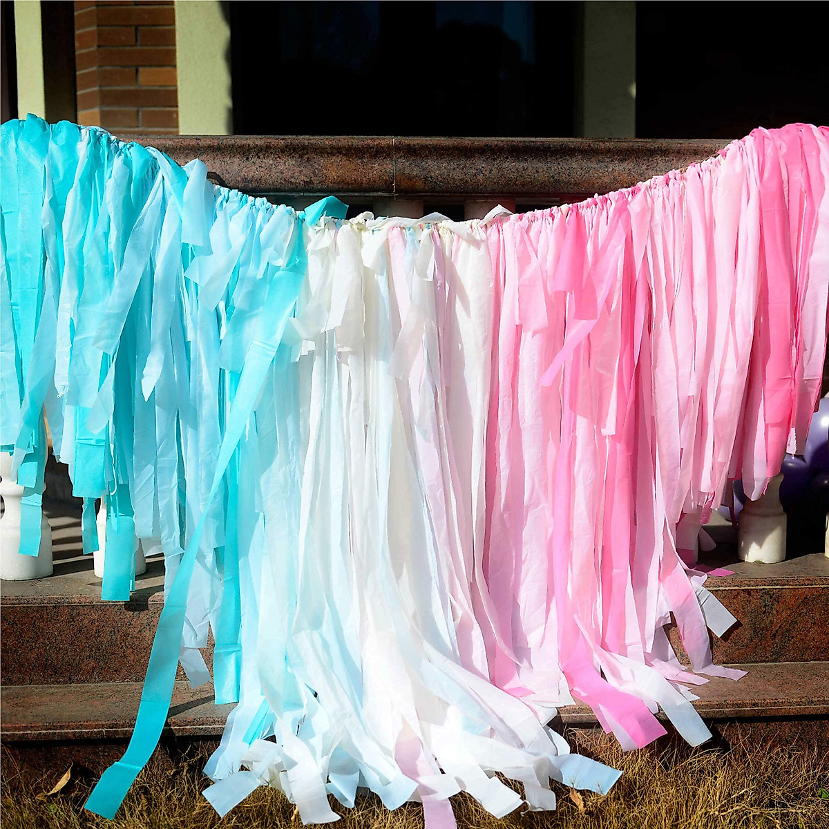 melody fantasy 200 Plastic Strips Pink Blue White Streamers Backdrop Pastel Streamers Fringe Backdrop for Gender Reveal Party Background Streamers Decorations Winter Wonderland Baby Shower Birthday