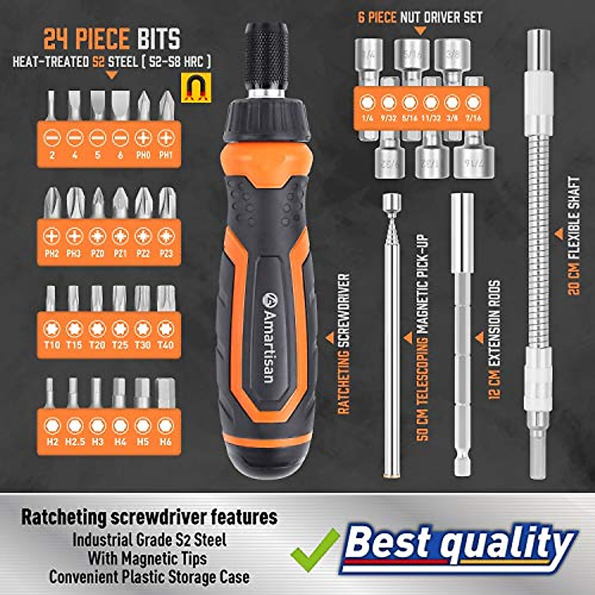 Amartisan Magnetic Ratchet Screwdriver Set, 34-Piece Multi-bit Ratchet Screw Drivers, Slotted/Philips/Pozi/Torx/Hex