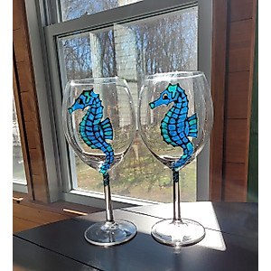 Seahorse Blue Green Hand Painted Wine Glasses Set of 2