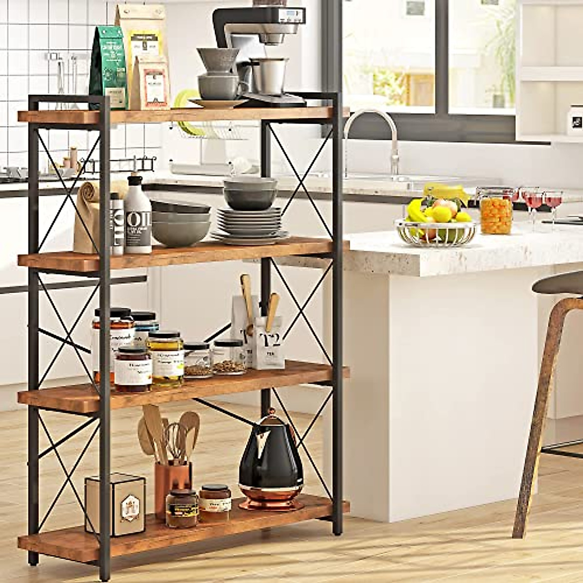 HCHQHS Bookshelf, 4-Tier Industrial Bookcase, Rustic Open Book Shelf, Freestanding Narrow Tall Bookshelves with Metal Frame