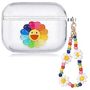 Cute AirPod Pro 2 Case Smile Sun Flower Bracelet Design Soft Silicone Clear Glitter Protective Cover Compatible with Airpods Pro 2nd Generation 2022 Case
