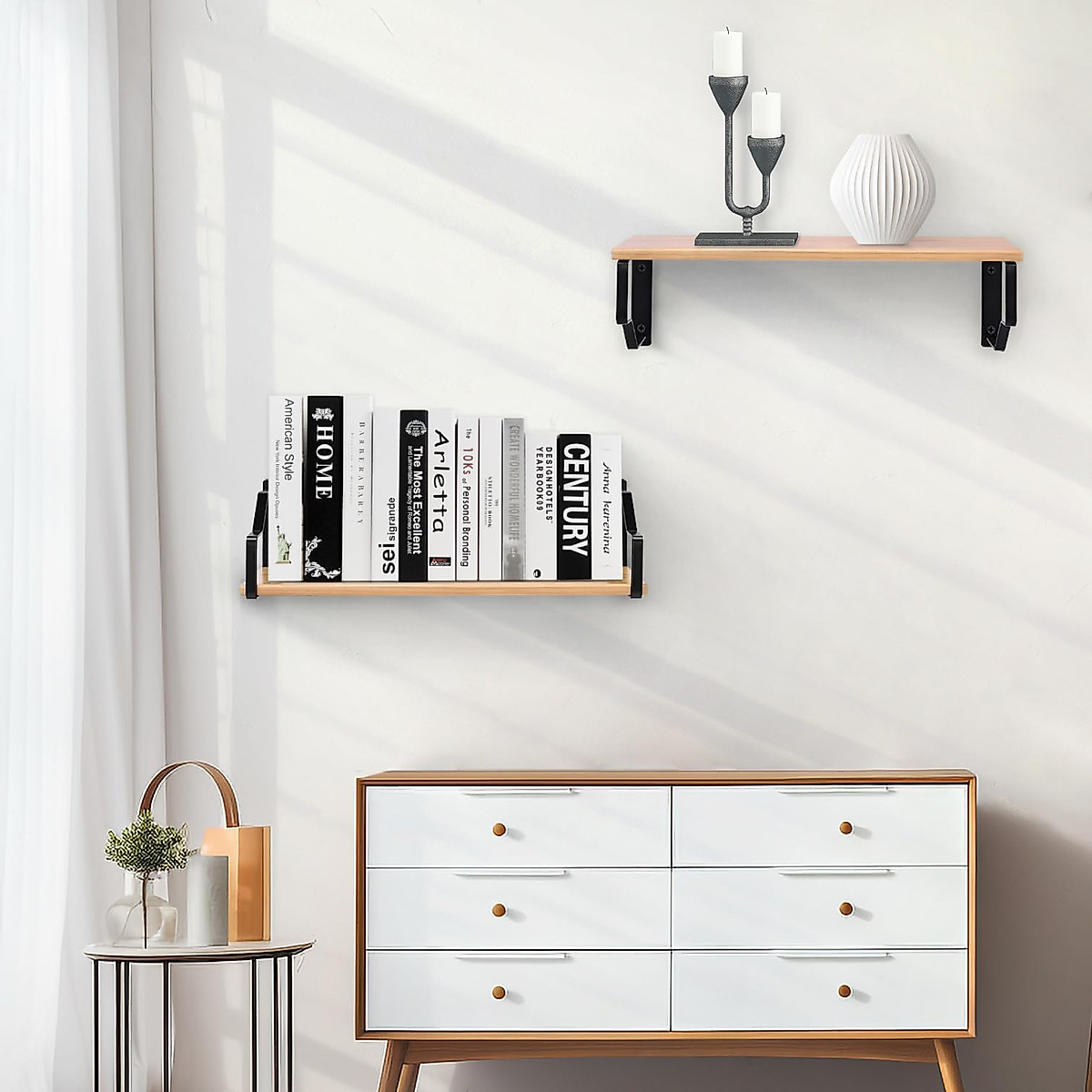 DEMSFIA Floating Shelves for Wall, Small Wood Wall Mounted Bookshelf Set of 2 for Living Room, Office, Bedroom, Kitchen, Bathroom Storage, Solid Pin Wood 17.3" x 7.4"