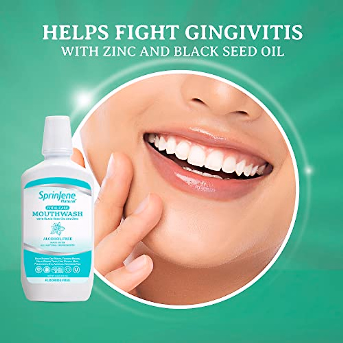 Sprinjene Fluoride Free Mouthwash Alcohol Free for Fresh Breath, Gum Health, Dry Mouth & Whitening Teeth with Black Seed Oil & Zinc - SLS Free, Toxic Free Vegan, Gluten Free, Kosher, Halal (Natural)