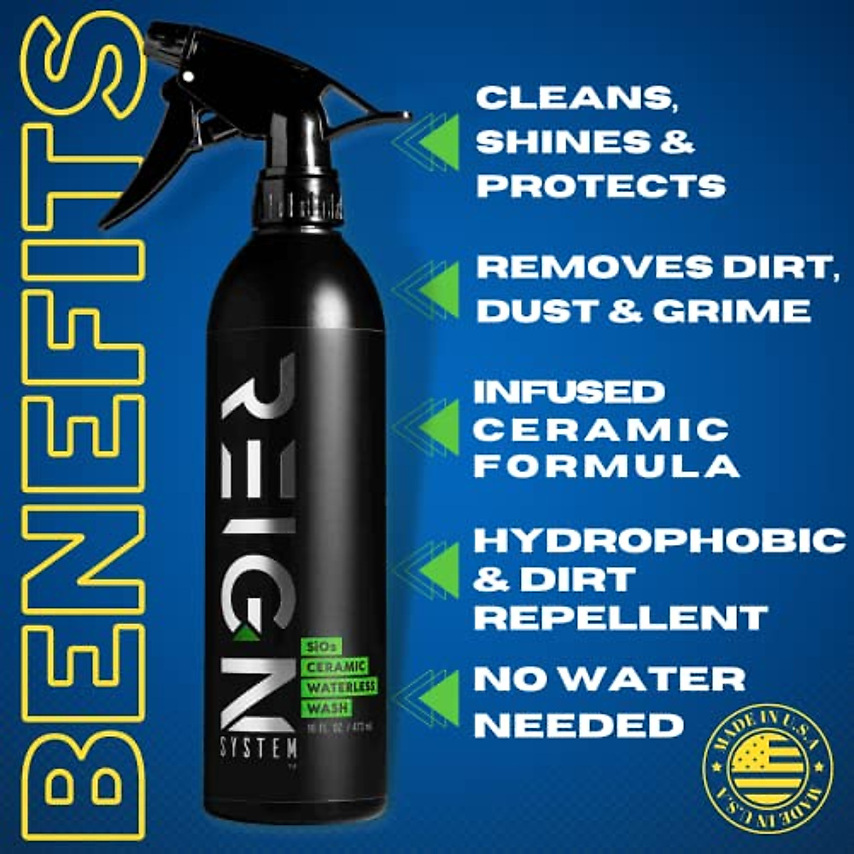 Reign System Ceramic Waterless Wash 16 Oz - Clean and Protect Your Car In One Easy Step - Extremely Slick - Professional Grade Ceramic - Deep Shine - Wet Or Dry Application For Your Car Detailing Kit