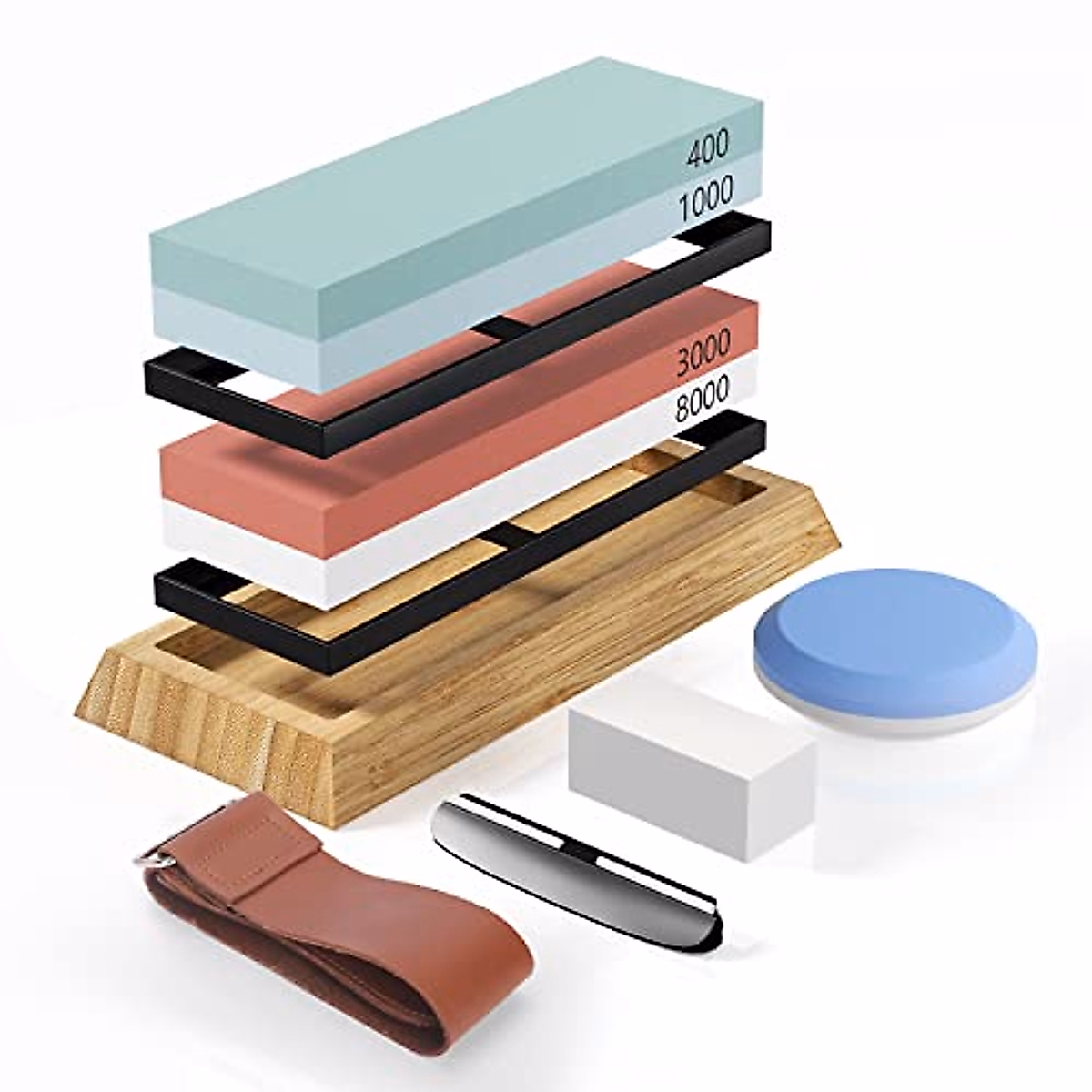Whetstone Knife Sharpening Stone 4 Side Grit 400/1000 3000/8000 Waterstone, Whetstone Knife Sharpener, Sharpening Stone Whetstone Set with Bamboo Base, Flatting Stone, Angle Guide & Leather Strop