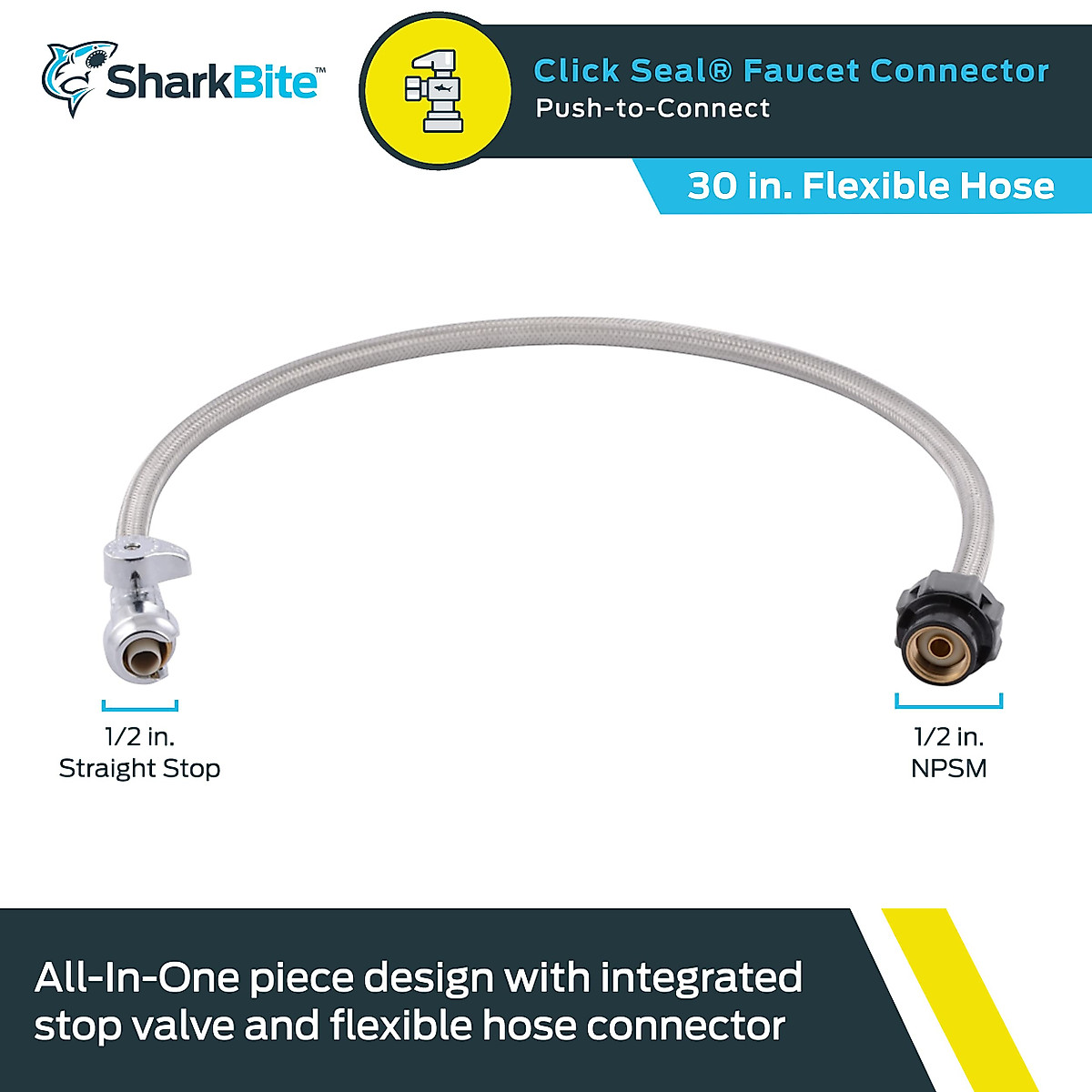 SharkBite 1/2 Inch Straight Stop x 7/8 Inch Ballcock Click Seal Toilet Connector x 16 Inch, Push to Connect Brass Plumbing Fitting, PEX Pipe, Copper, CPVC, PE-RT, HDPE, 24686