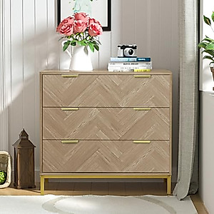 Anmytek Modern 3 Drawer Chest Dresser, Mid Century Natural Oak Organizer Bedroom Furniture with Gold Metal Legs H0037