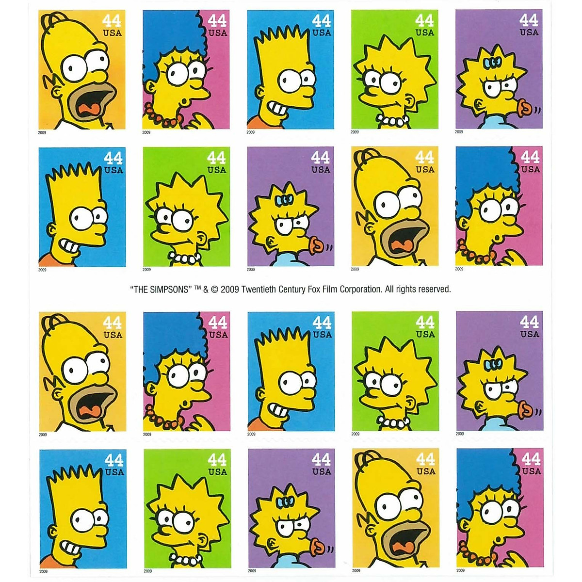 The Simpsons Sheet of 20 x 44-Cent Stamps, USA 2009, Scott 4399-4403