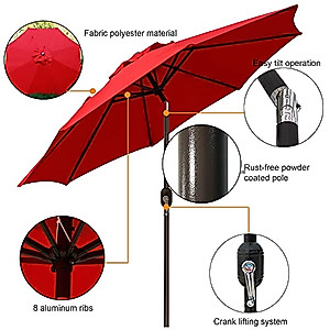 Blissun 9ft Patio Umbrella, Manual Push Button Tilt and Crank Garden Parasol (Red)