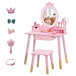 BRINJOY Kids Vanity Set with Light, Wooden Princess Vanity Table with Mirror & Stool & Jewelry Rack & Storage Board, Children Make Up Beauty Dressing Table for Girls Ages 3+