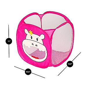 Smart Design Kids Pop Up Organizer with Animal Print - Set of 4 - VentilAir Mesh Netting - for Toddlers, Baby Clothes, Plushies, and Toys - Home Organization - Cube - 10.5 x 11 Inch - Pink Hippo