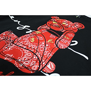 SCREENSHOT-F1122 Mens Urban Hip Hop Premium Fleece - Head Lifting Paisley Cartoon Teddy Bear Crew Neck Streetwear Sweatshirt-Black/Red-Large