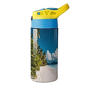 Stainless Steel Water Bottles White Beach Tropical Sea Travel Water Cups with Handle And Silicone Straw Drinking Cup with Leak Proof Lid Thermo Travel Mug for Women Men