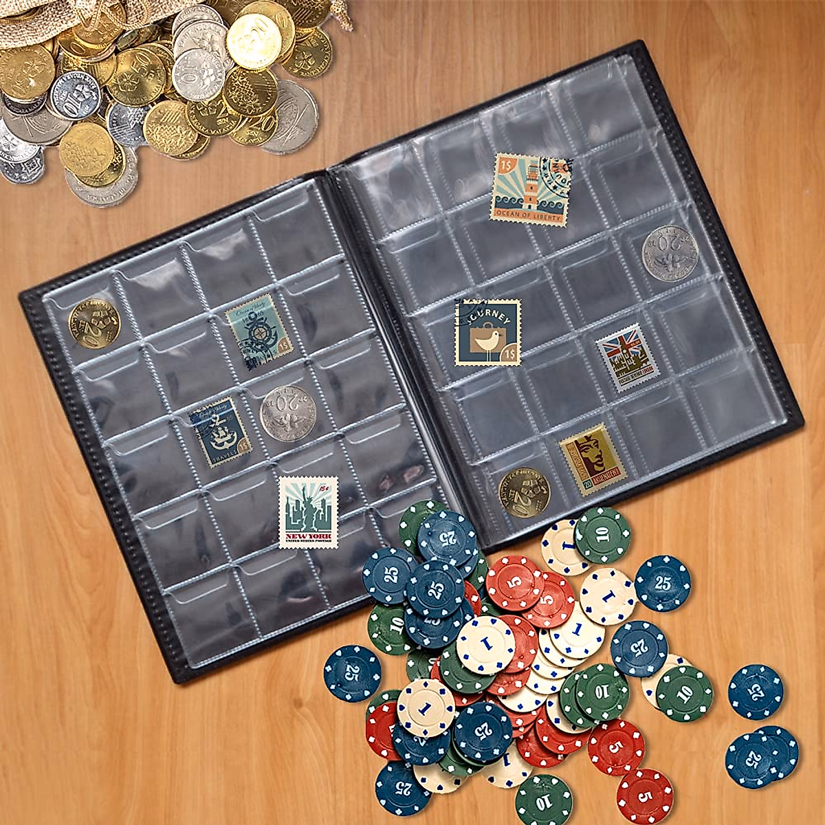 200 Pockets Coin Album Coin Collecting Holder Album Collecting Book for Coin Penny Stamp Stickers Currency Badges and Other Collection Storage Supplies (Black)