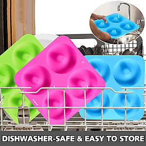 Anaeat Full Size Donut Baking Pans 3 Pack, Big Size 4 Inch Silicone Baking Mold, Just Pop Out! Non Stick 6-Cavity Doughnut Trays for Bagels Donuts Cake Biscuit - BPA Free & Dishwasher Safe (3 colors)